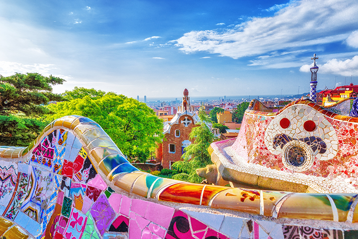 Barcelona, Spain. Gorgeous colorful view of Park Guell - the creation ...